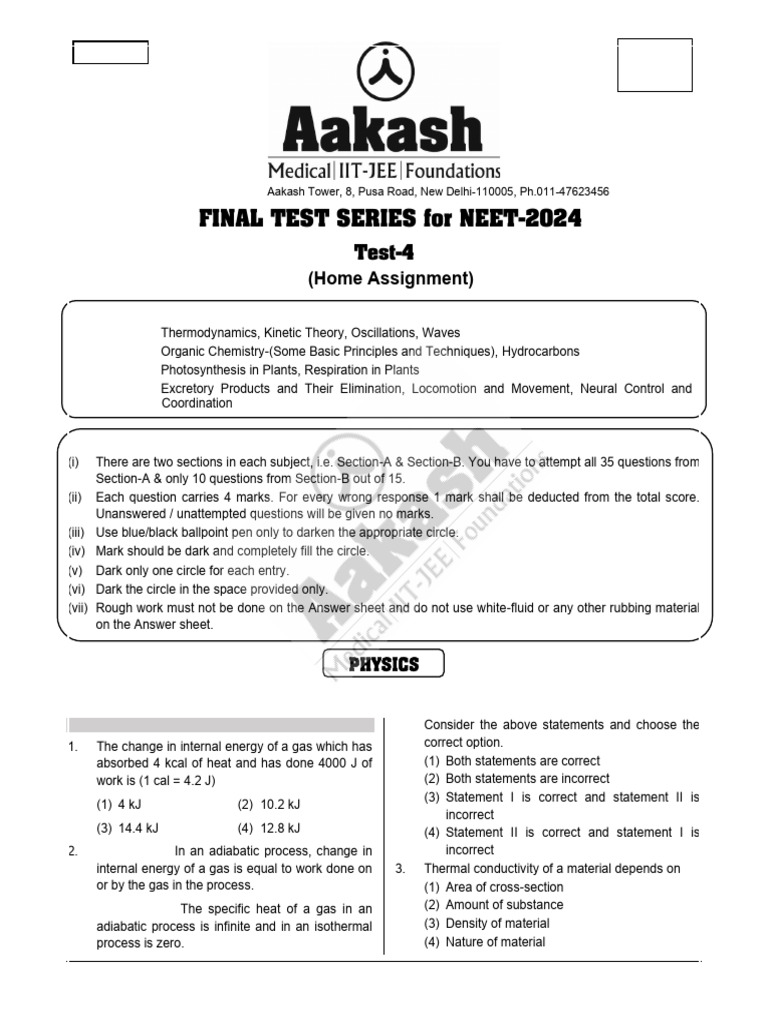 FTS 04 Code B 02 04 2024 Home Assignment - 1 | PDF | Gases | Waves