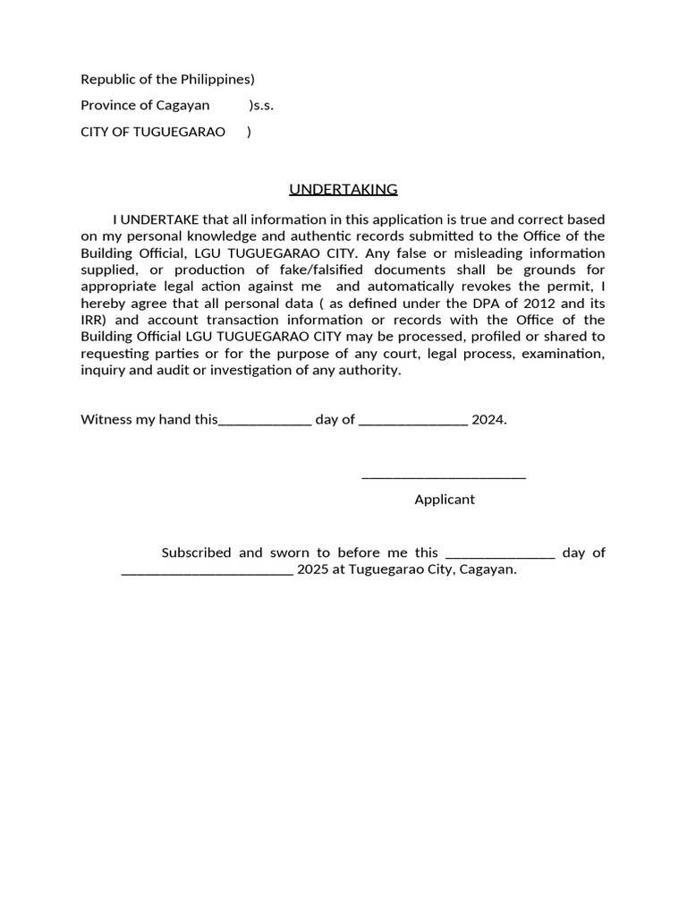 Affidavit of Undertaking for Building Permit | PDF