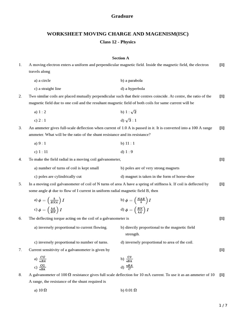 Moving Charge and Magnetism Worksheet | PDF | Magnetic Field | Inductor