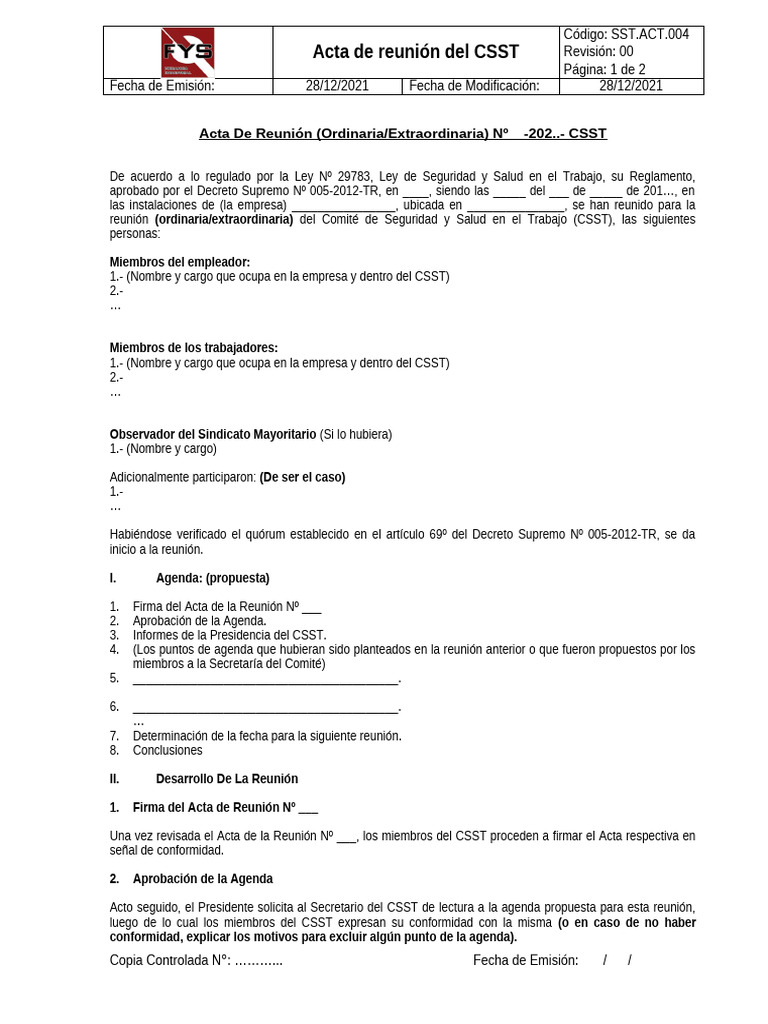 SST.ACT.005 Acta de Reunión del CSST | PDF | Gobierno