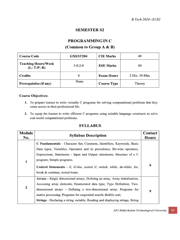 Programming in C Syllabus | PDF