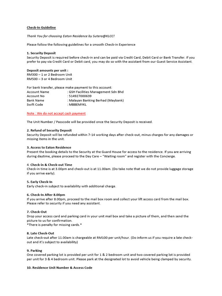 Eaton Residence Check-In Guidelines | PDF | Banks | Credit Card