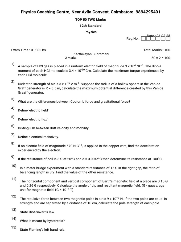 Class 12 Physics Top 50 TWO Marks | PDF | Diffraction | Inductance