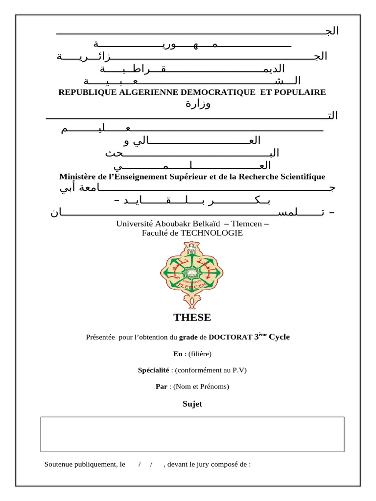 Page Garde These de DOCTORAT 3eme Cycle Univ Tlemcen | PDF