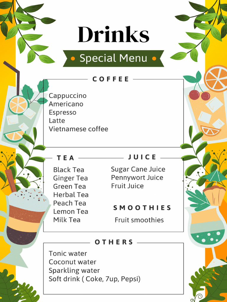 Yellow and Green Leaves Illustrative Drinks Menu | PDF