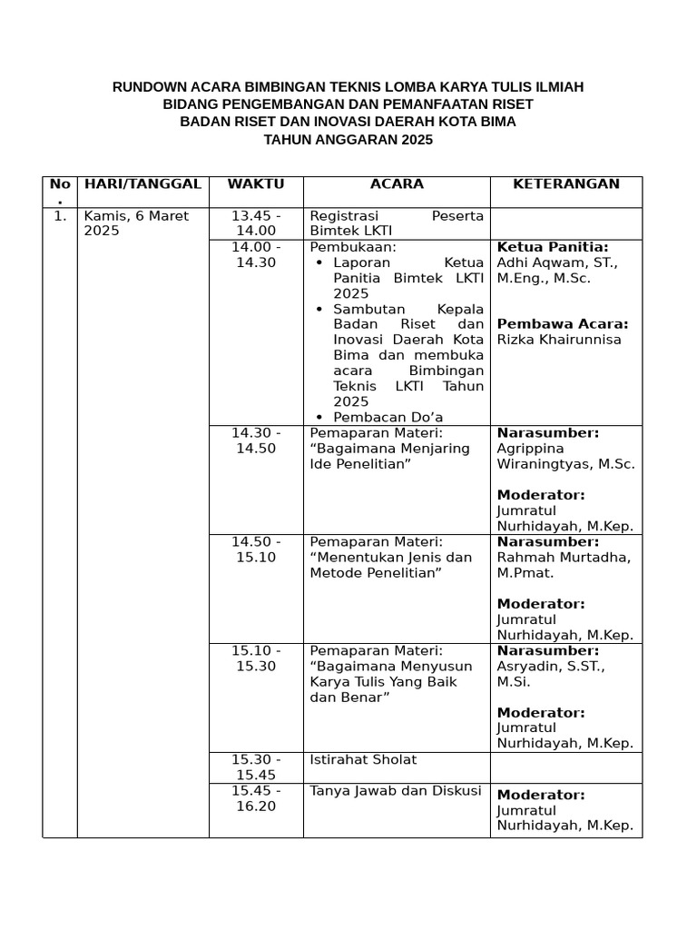 Rundown Acara Bimbingan Teknis Lomba Karya Tulis Ilmiah | PDF