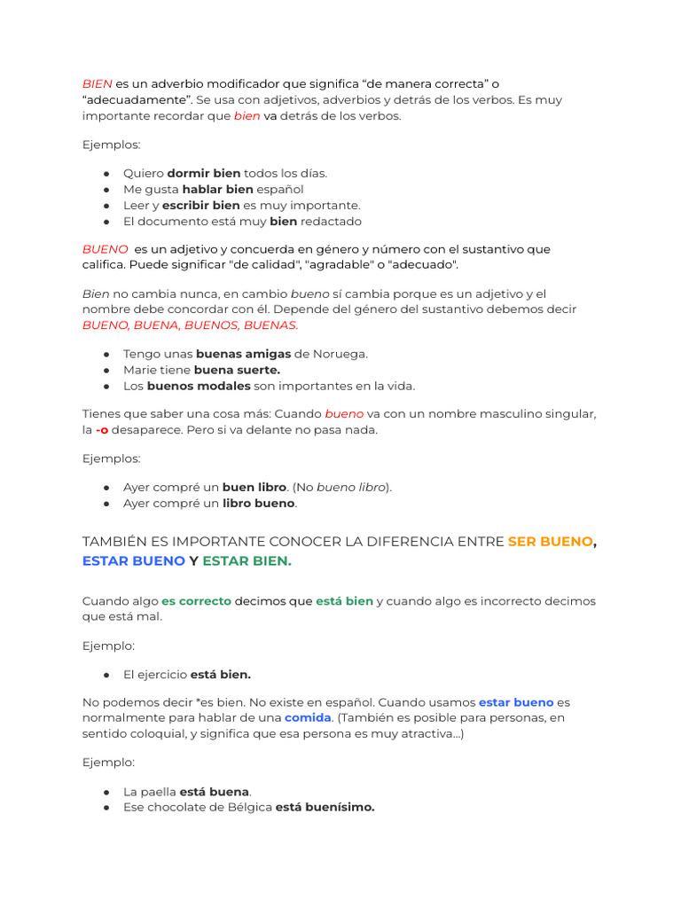 Bueno Vs Bien | PDF | Adjetivo | Sustantivo