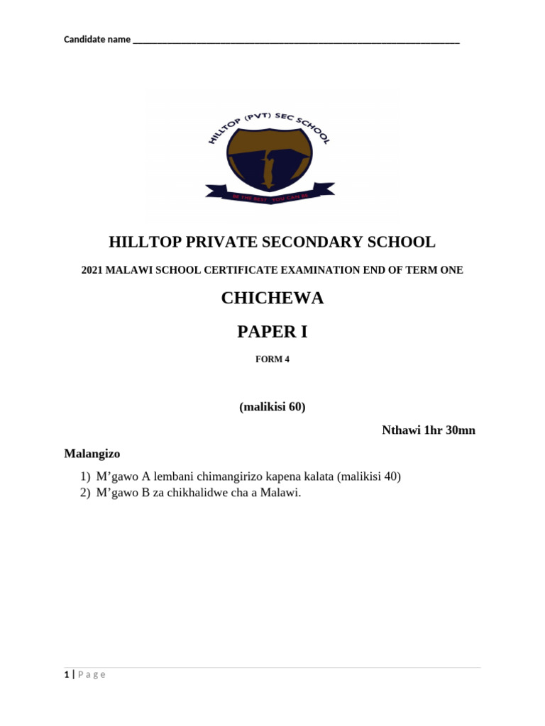 2021 Hilltop Chichewa Form 4 Paper 1 | PDF