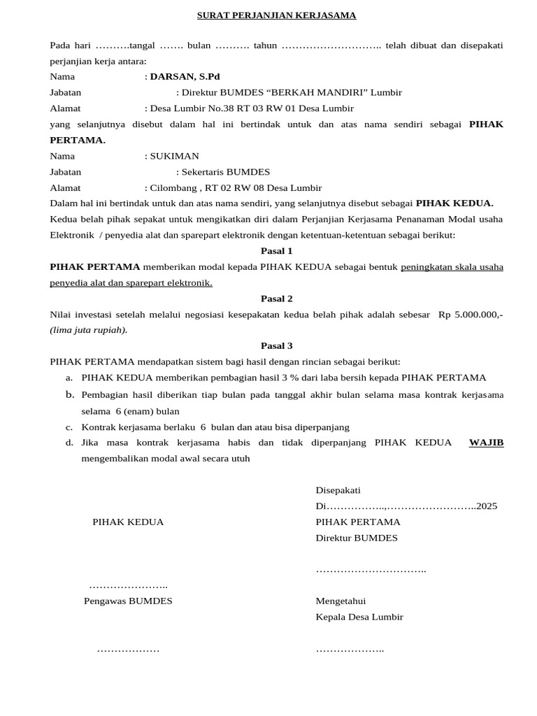 SURAT PERJANJIAN KERJASAMA | PDF