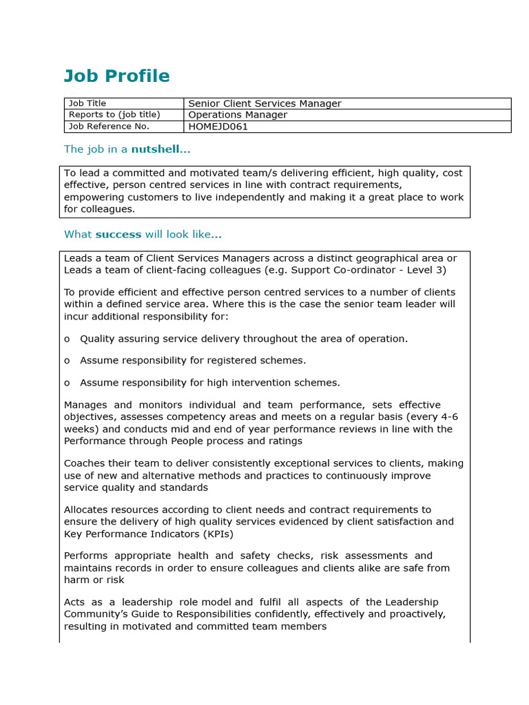 Senior Client Services Manager | PDF | Performance Indicator | Leadership