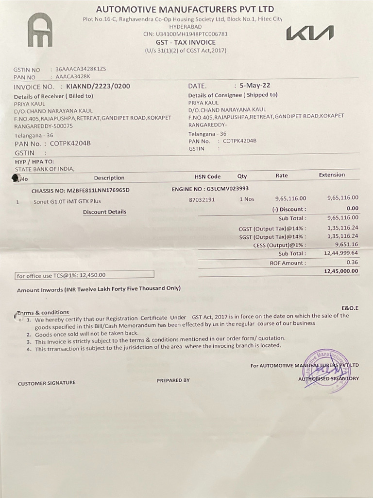 Kia Sonet Invoice Insurance 2022 | PDF