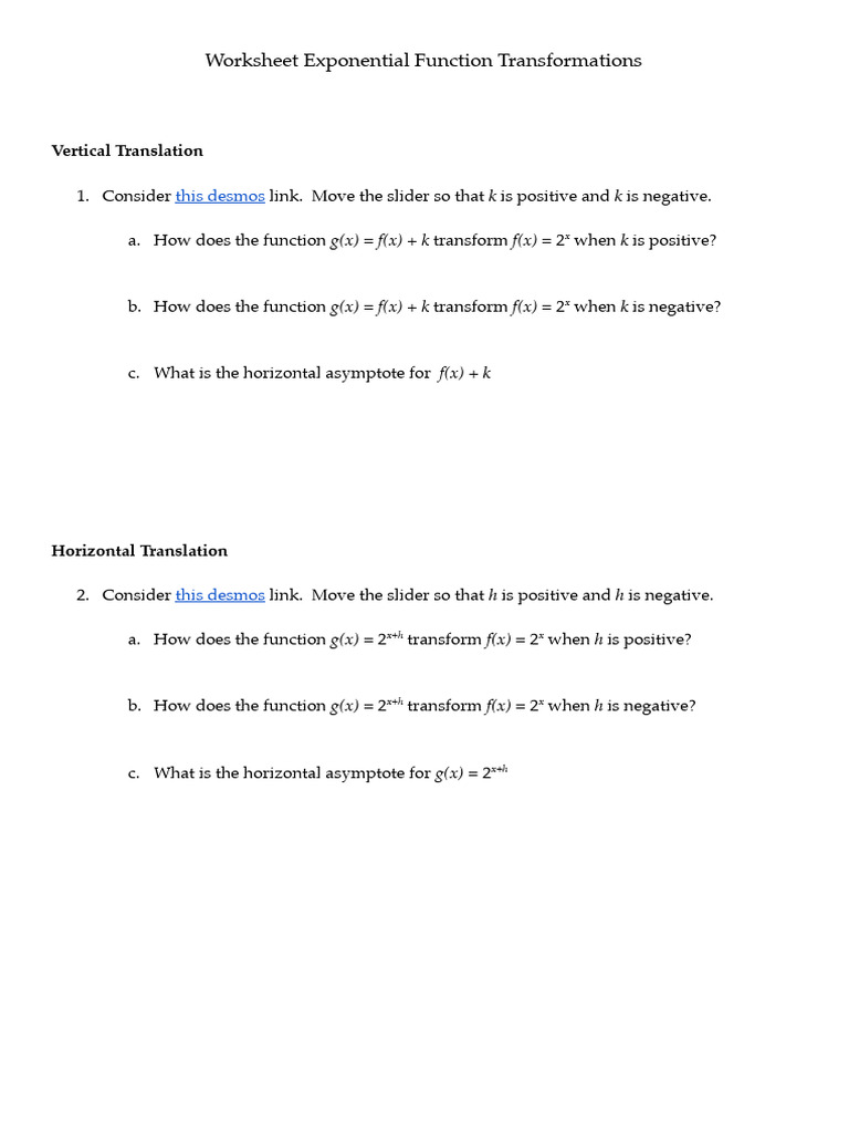 Worksheet Exponential Function Transformations Pdf Mathematical