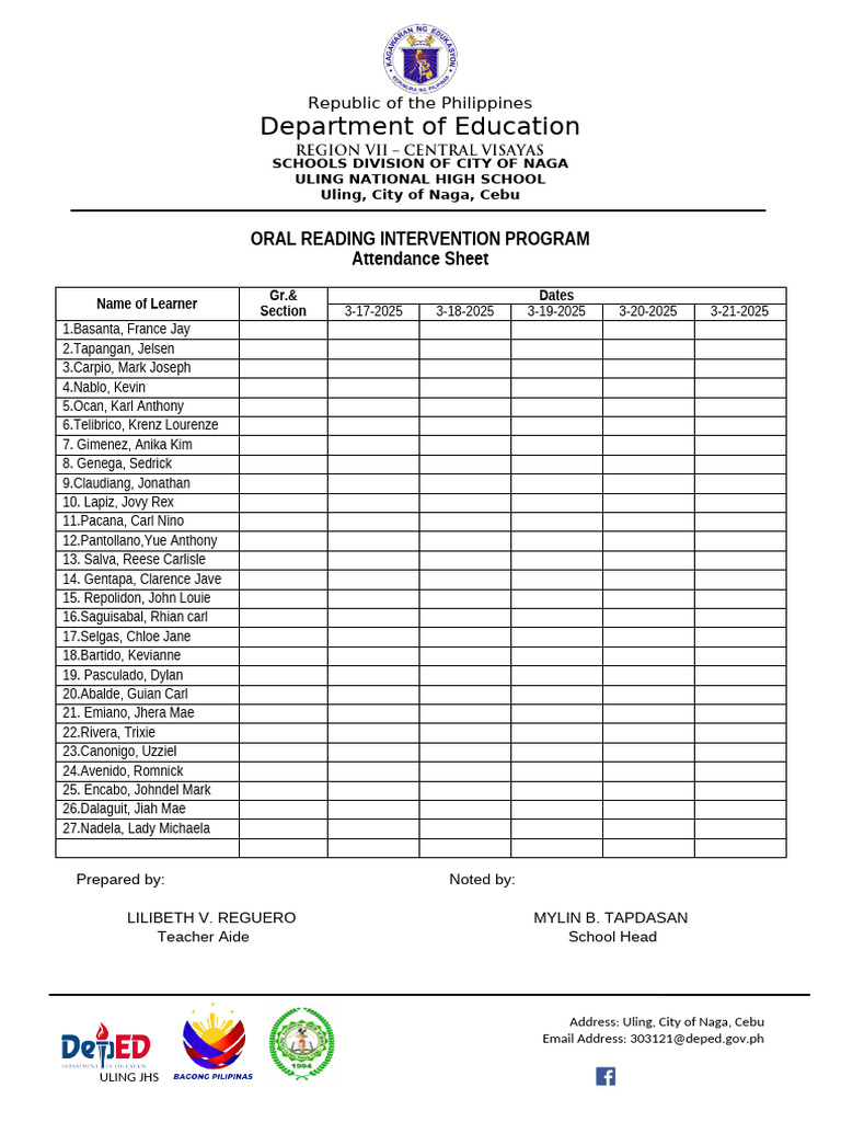 Attendance Sheet ORV INTERVENTION | PDF