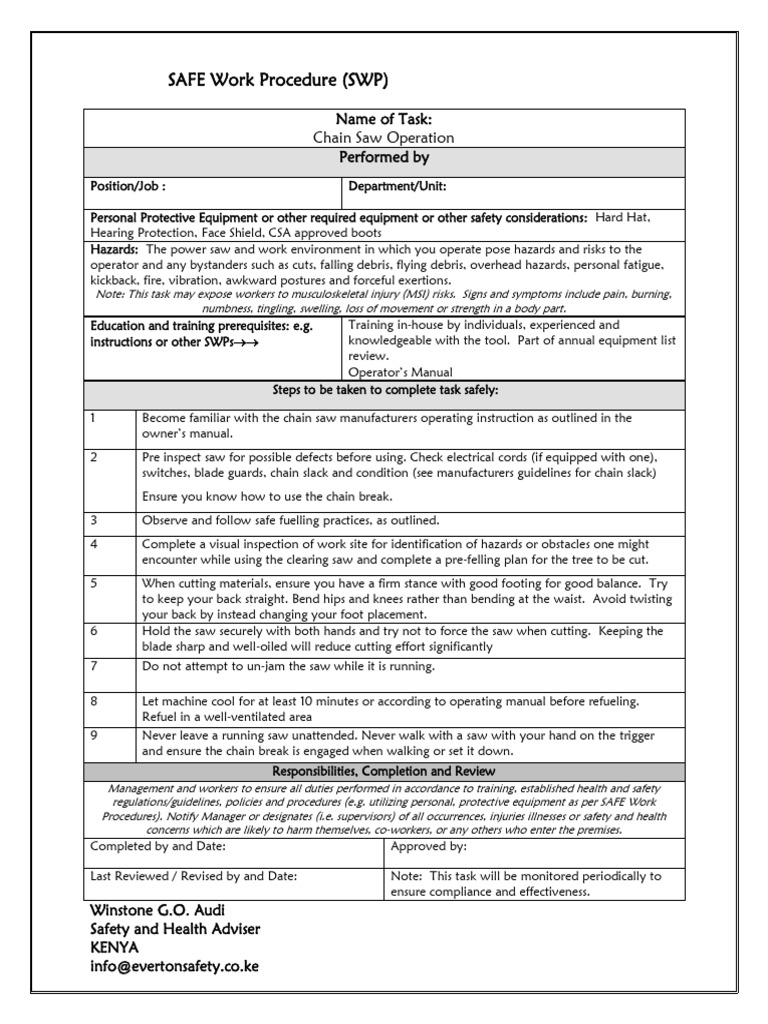 Safe Work Procedure For Chain Saw Operation | PDF | Occupational Safety And Health | Hazards