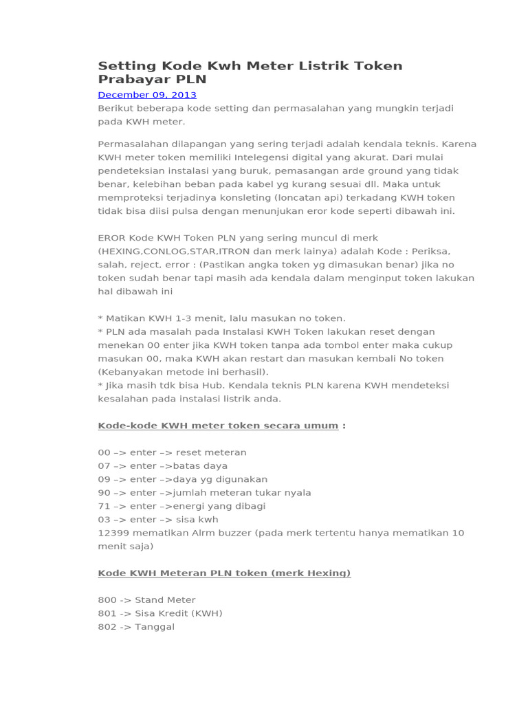 Setting Kode KWH Meter Listrik Token Prabayar PLN | PDF