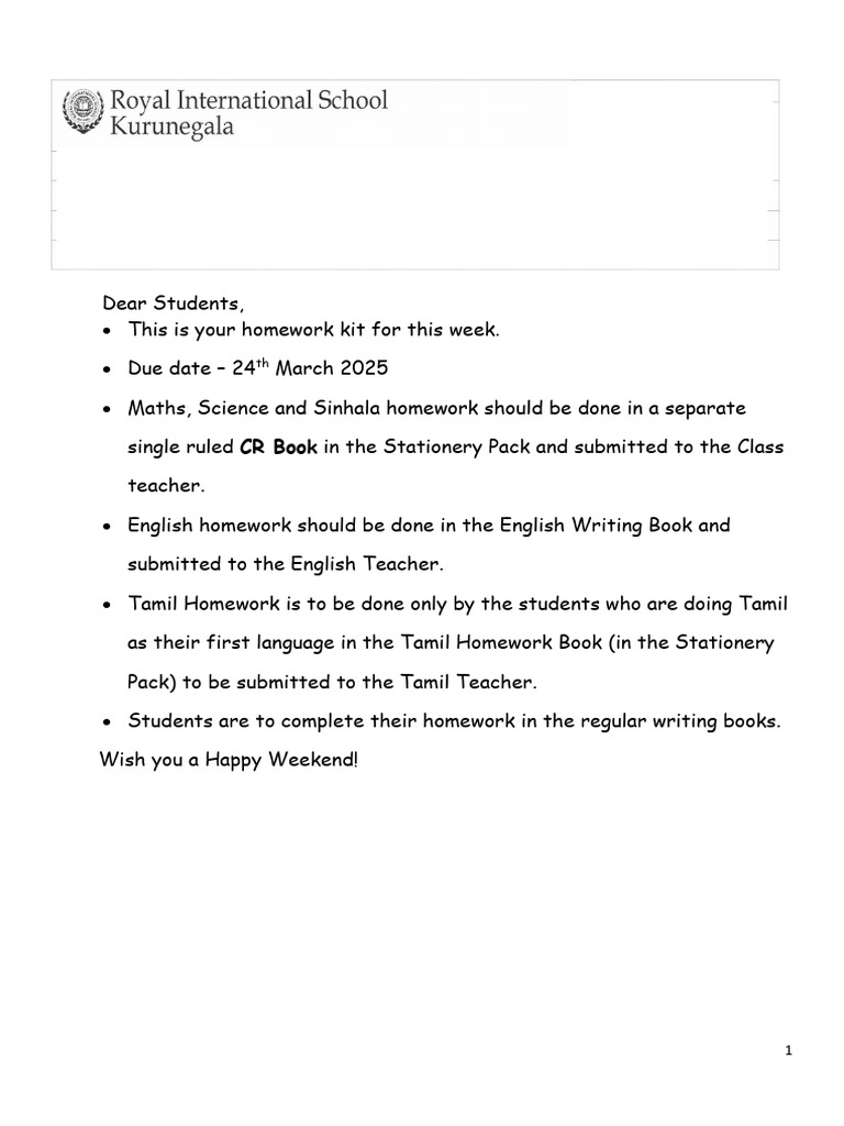 Grade 01 - Homework Kit-1 | PDF