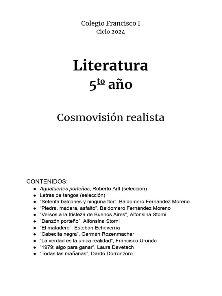 Cuadernillo 2 Literatura 5to 2024 Cosmovision Realista | PDF