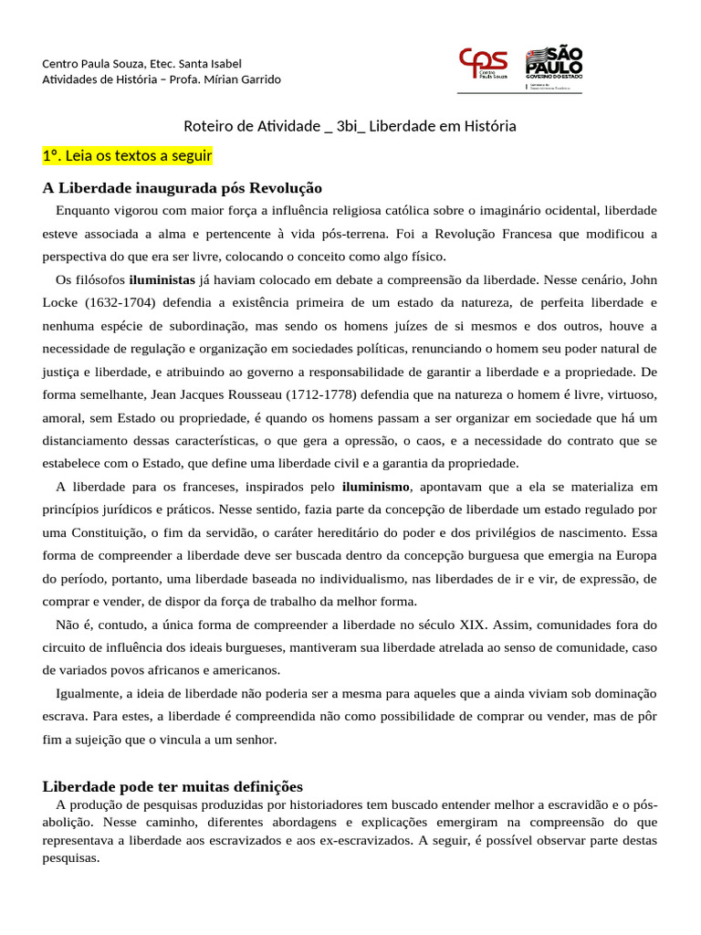 Roteiro de Trabalho 1ano Adm 2 Info Liberdade | PDF | Liberdade | Escravidão