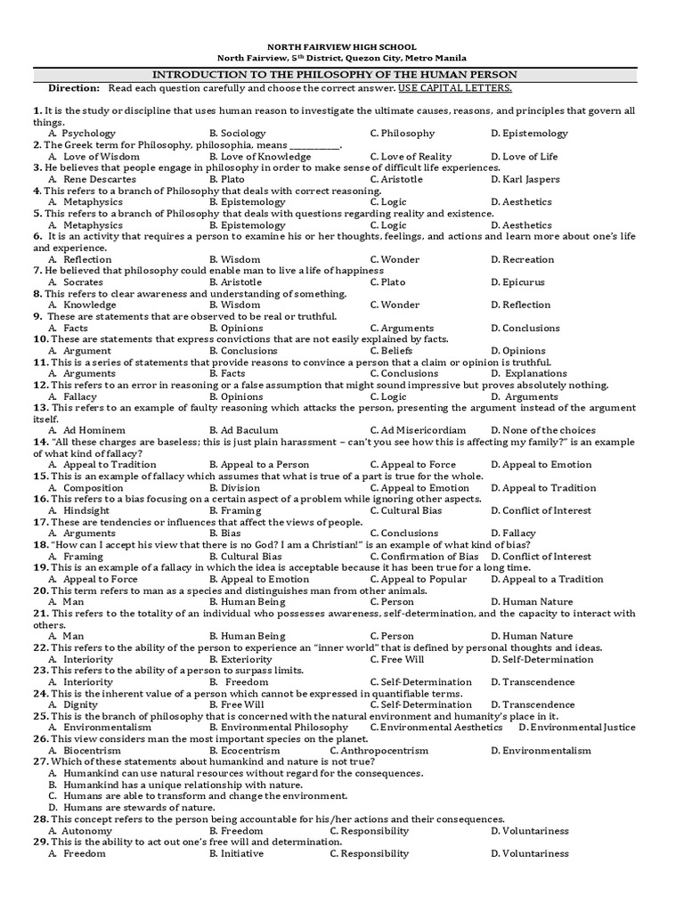 Philosophy of the Human Person Quiz | PDF | Argument | Reason