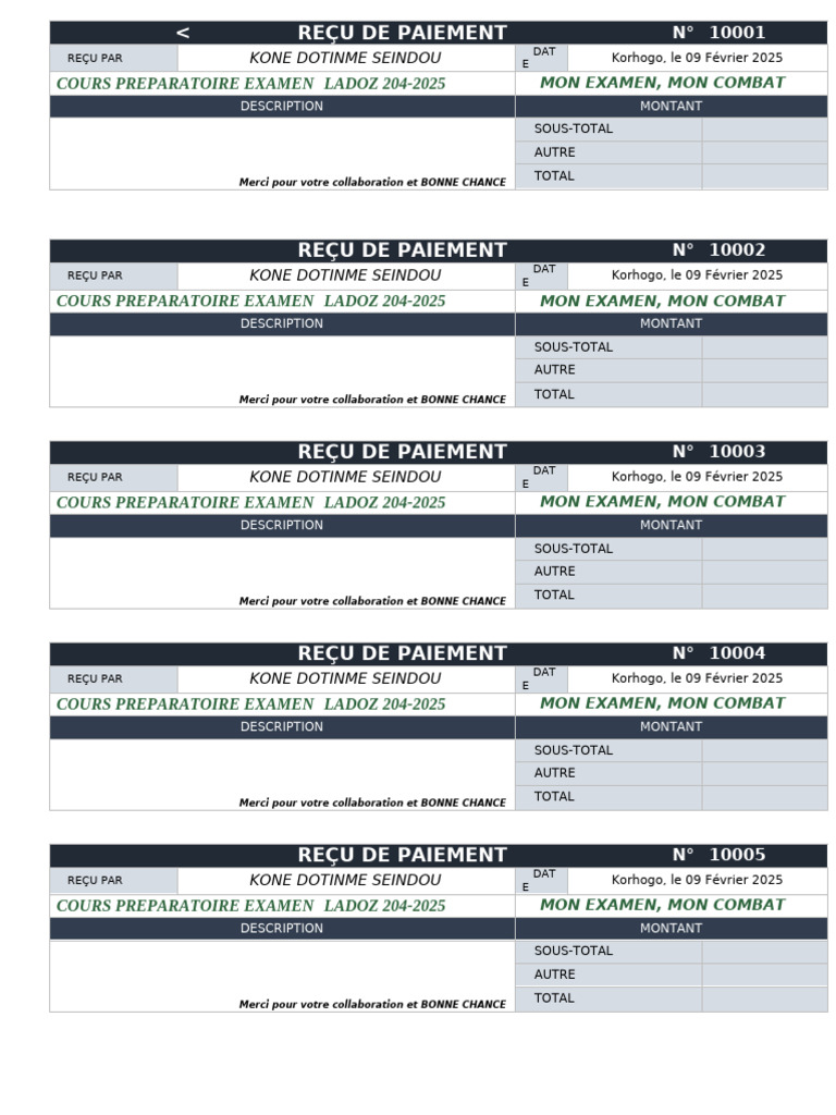 Reçus de Paiement LADOZ 2024-2025 | PDF
