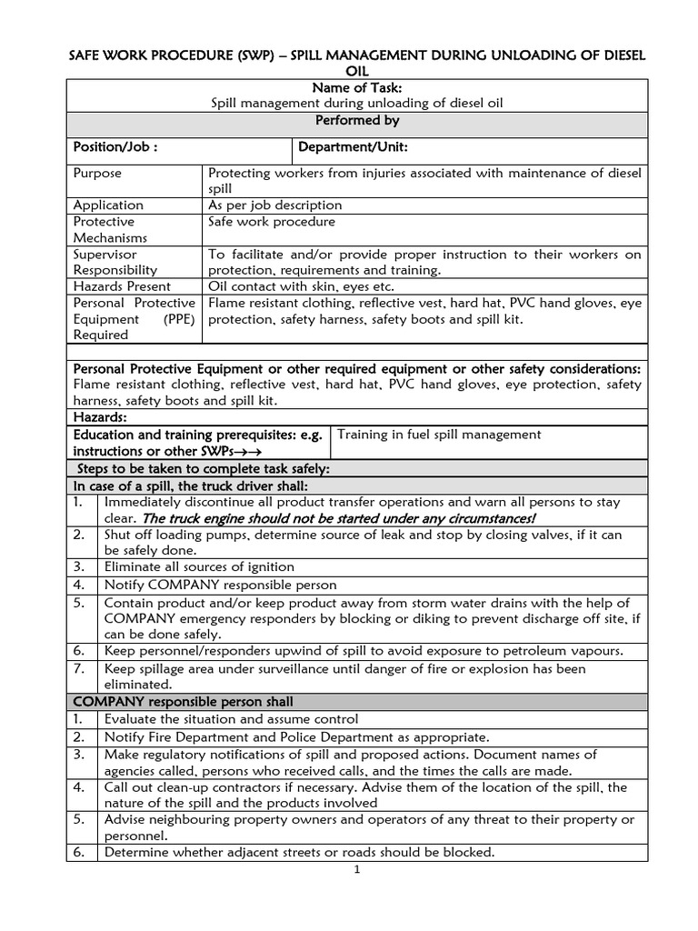 Diesel Spill Management Procedures | PDF | Personal Protective ...