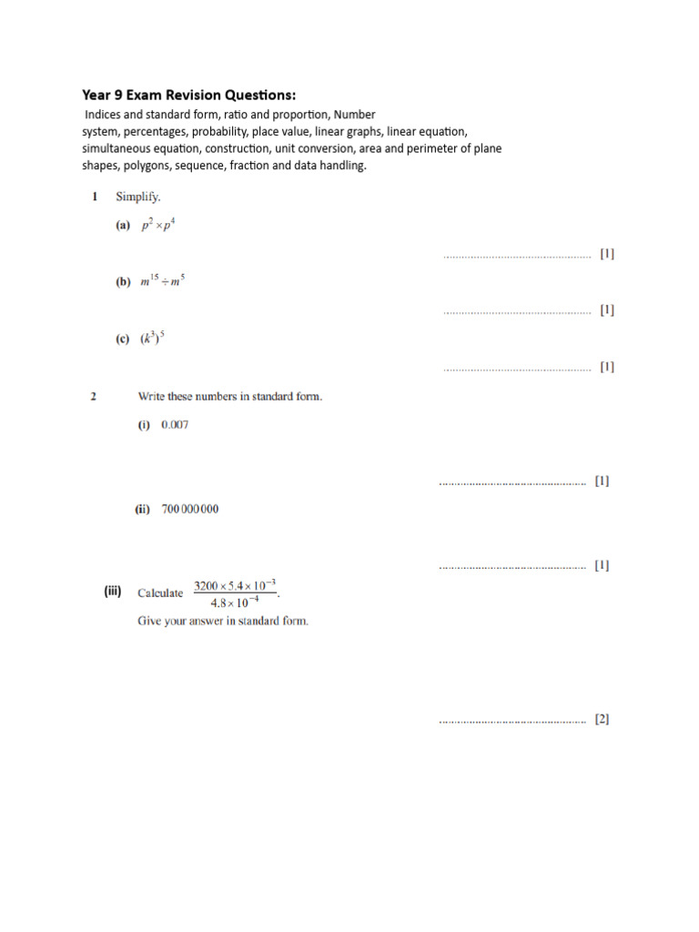 Year 9 Exam Revision Questions (1) | PDF