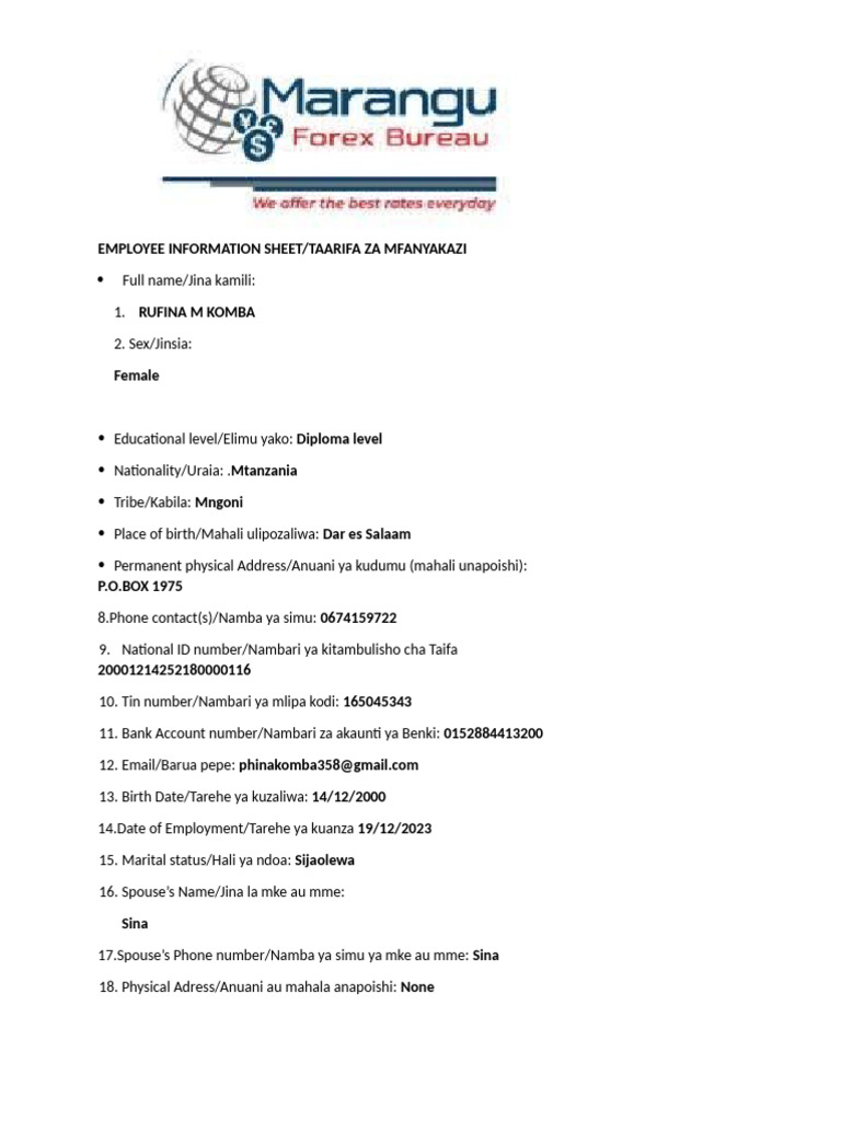 Employee Information Sheet 2 | PDF