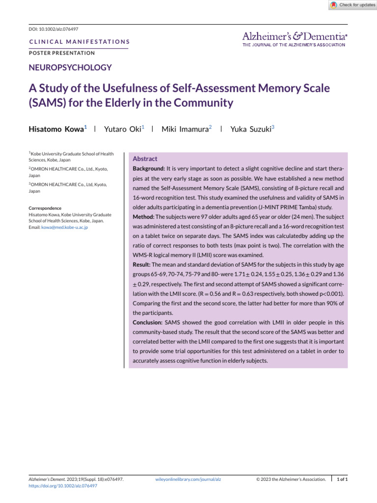 Alzheimer S Dementia - 2023 - Kowa - A Study of The Usefulness of Self Assessment Memory Scale ...