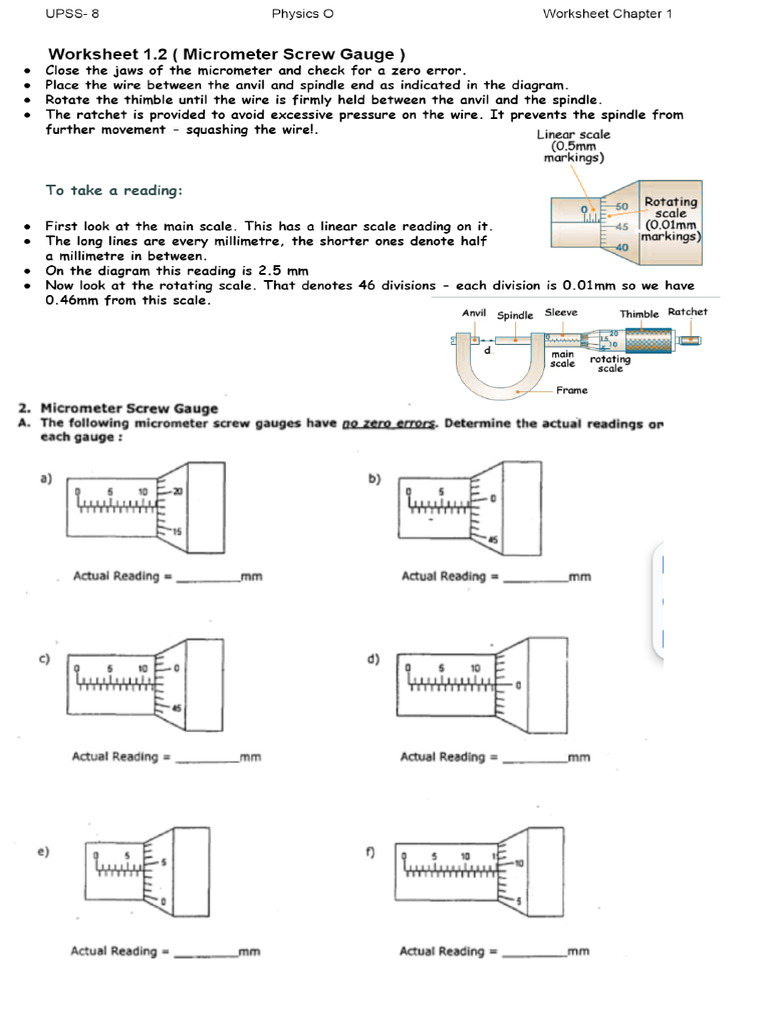 Worksheet 1.2 Screw Gauge | PDF
