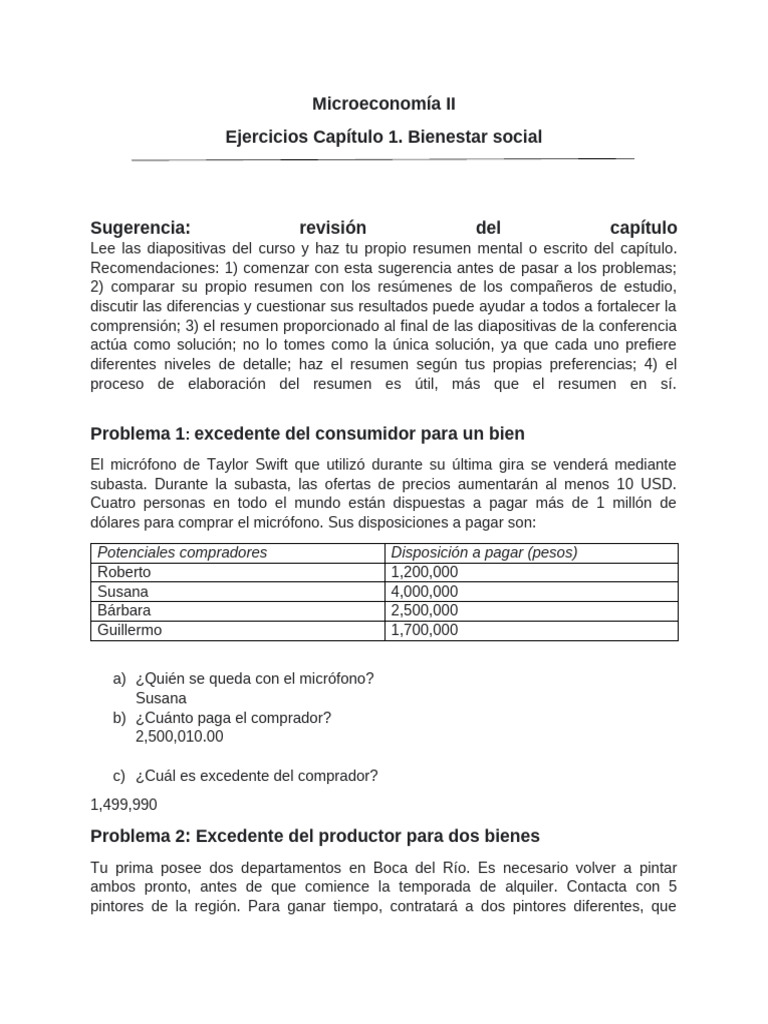 Ejercicios Cap¡tulo 1. Bienestar Social | PDF | Excedente económico | Mercado (economía)