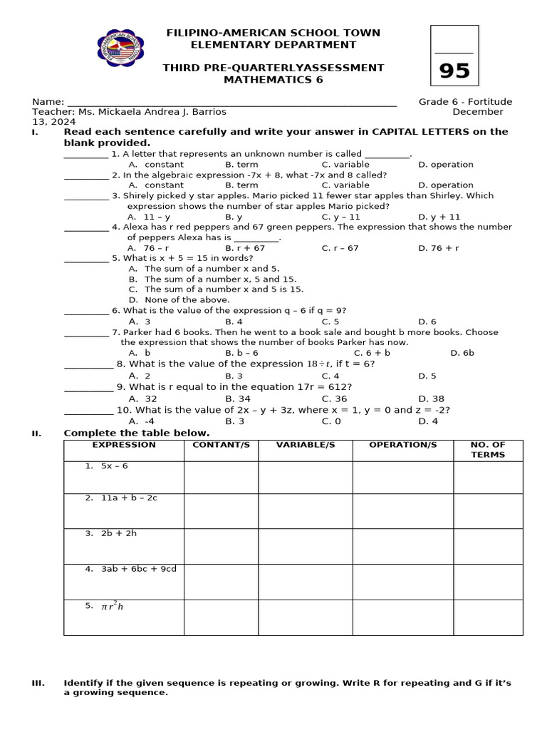 MATHEMATICS 6 3rd Quarterly Exam | PDF | Vertex (Geometry) | Mathematical Objects