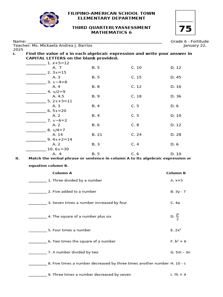 Grade 6 Math Assessment: Algebra & Formulas | PDF | Numbers | Mathematics