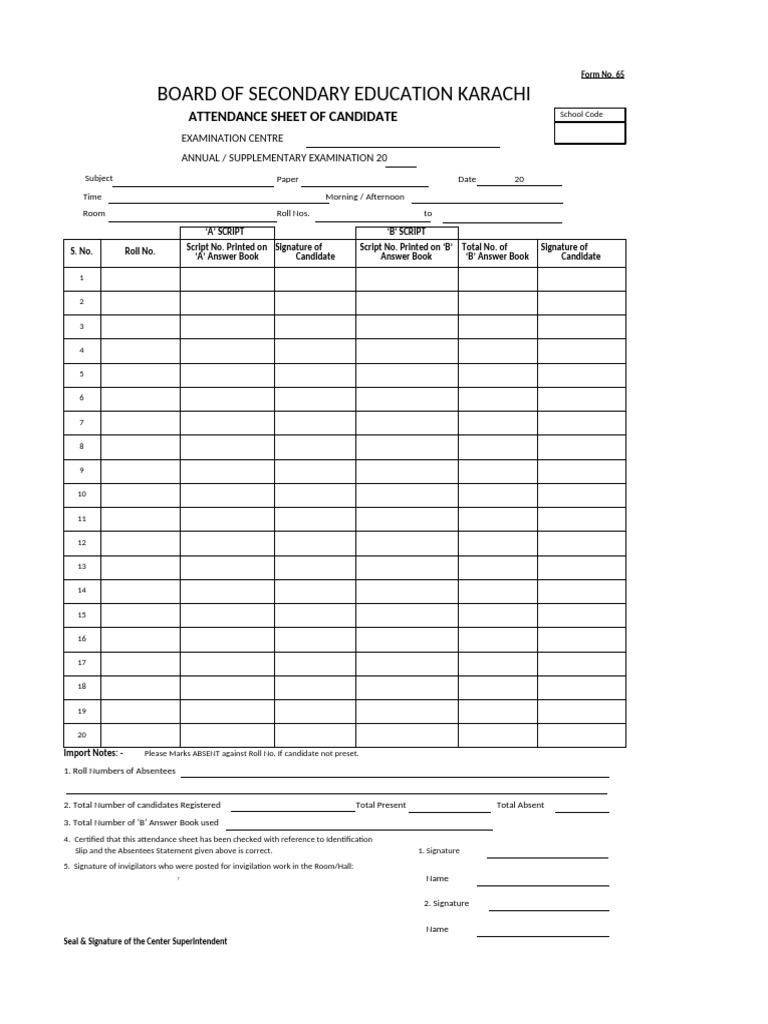 Board Exam Attendance Sheet Format | PDF