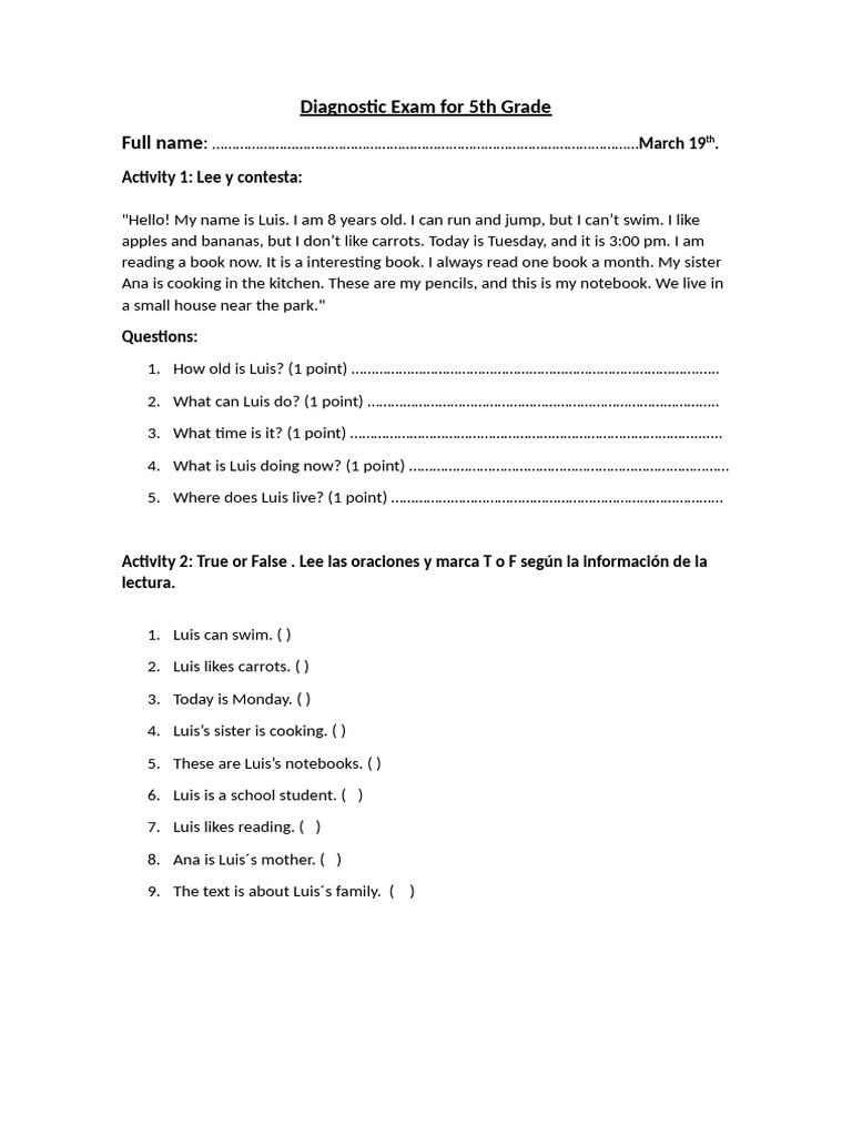 Diagnostic Exam For 5th Grade | PDF | Question | Cognition