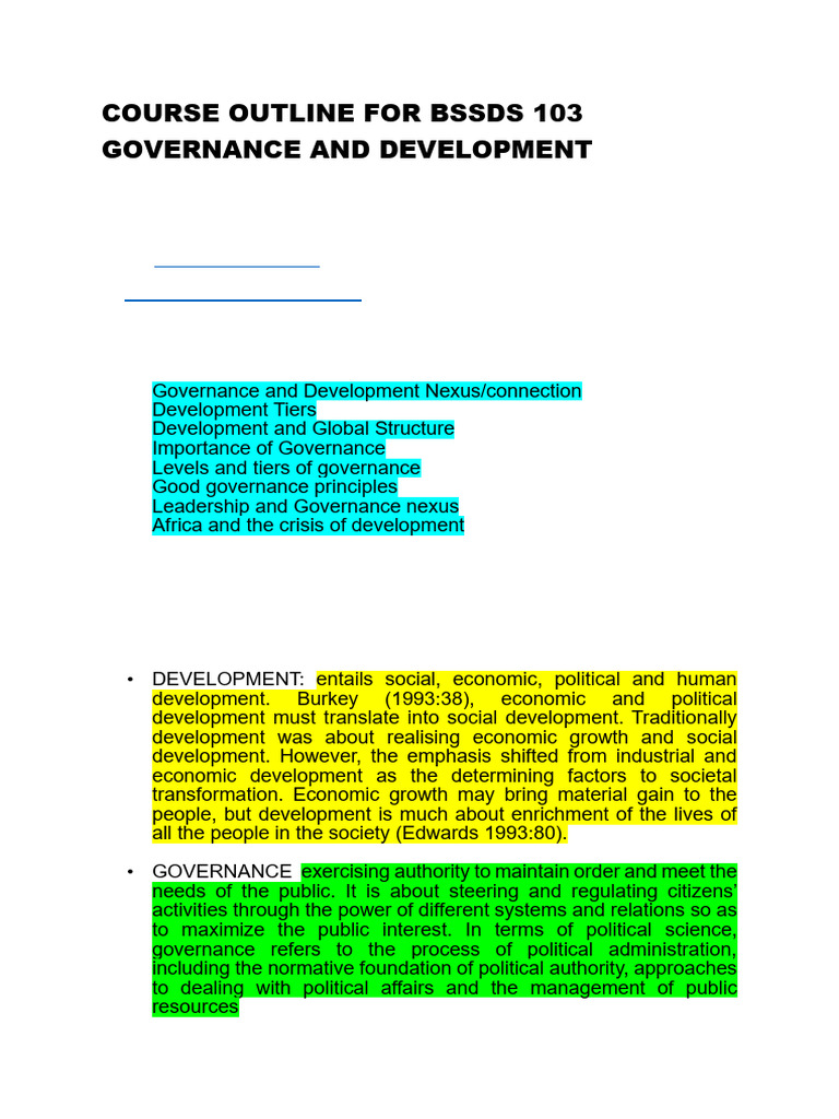 BSSDS 103: Governance and Development Outline | PDF | Good Governance ...