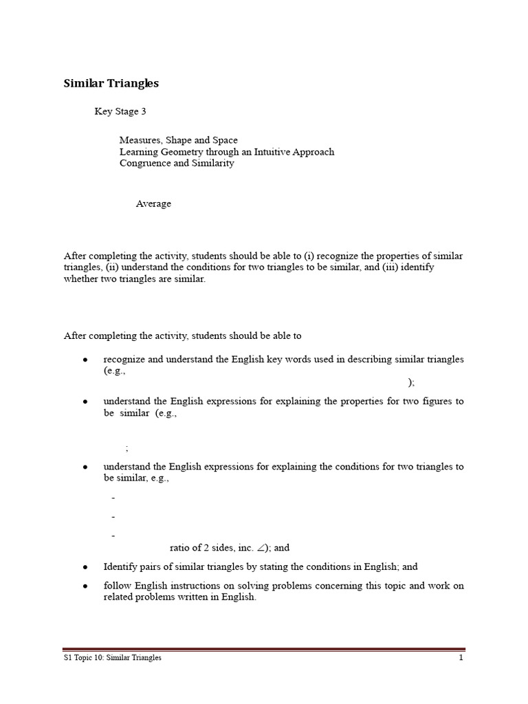 s1 Topic 10 Similar Triangles | PDF | Triangle | Euclidean Geometry