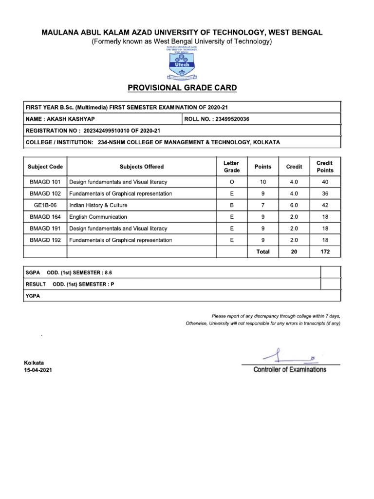 1st Sem Grade Card | PDF