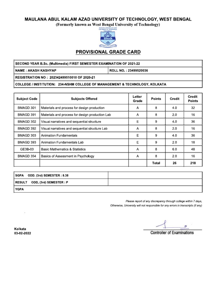 3rd Sem Grade Card | PDF
