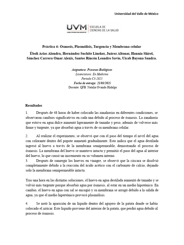 P. No. 4. - Difusion y Osmosis | PDF | Ósmosis | Agua