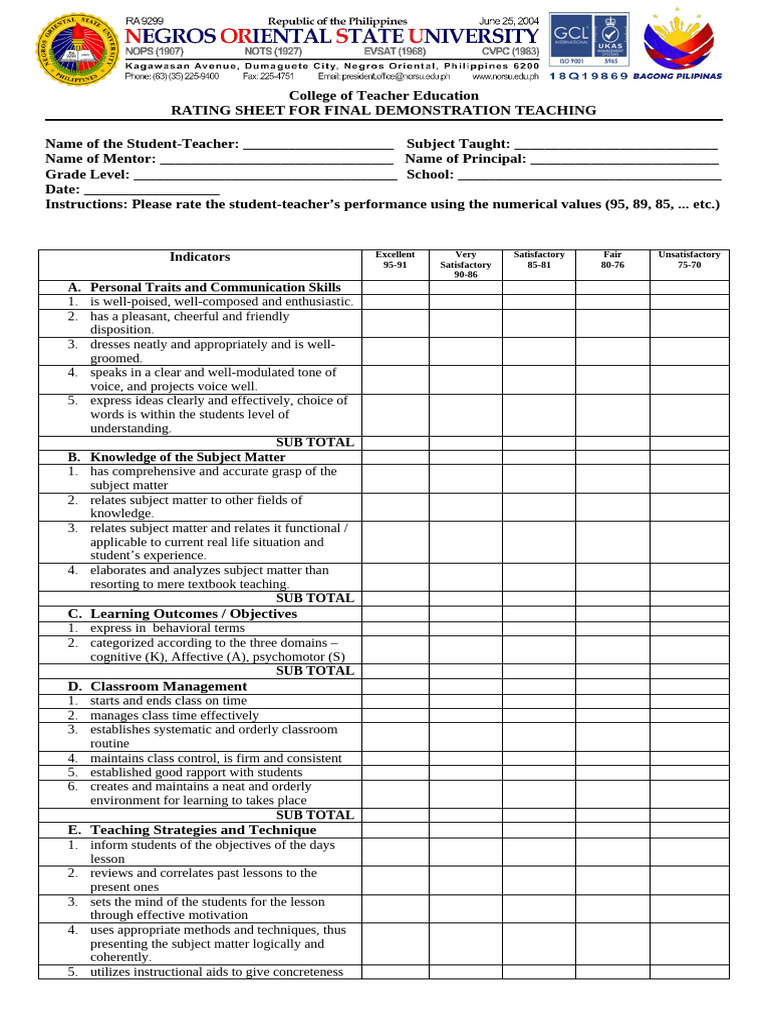 Revised Rating Sheet For Final Demo Teaching | PDF | Critical Thinking ...