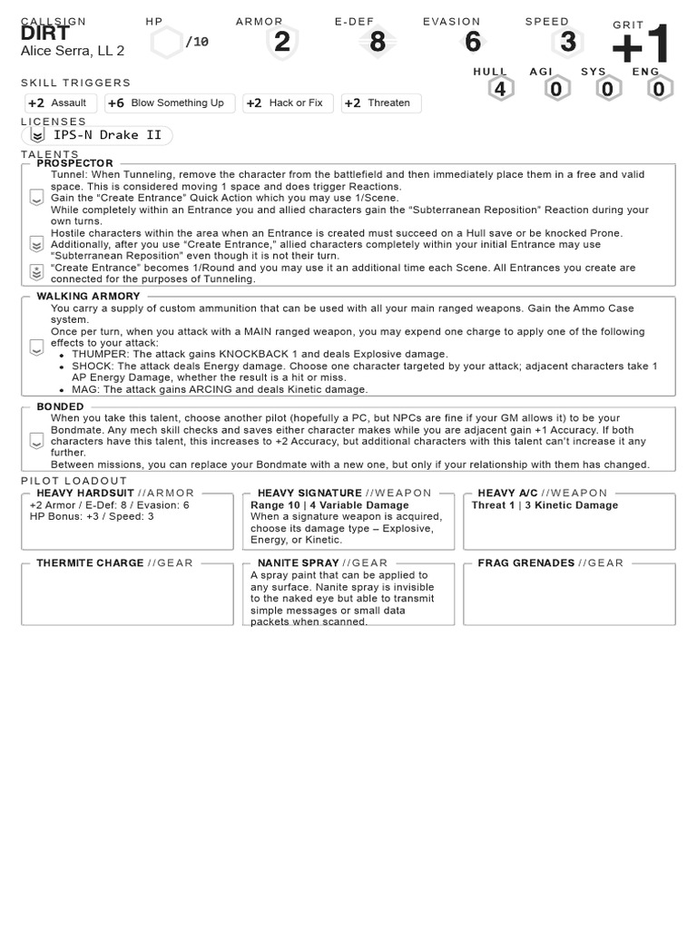 Dirt Character Sheet Lancer | PDF | Ammunition | Cannon