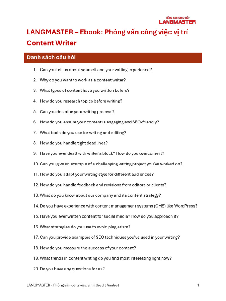 LANGMASTER - Ebook Phỏng Vấn Công Việc VỊ Trí Content Writer | PDF