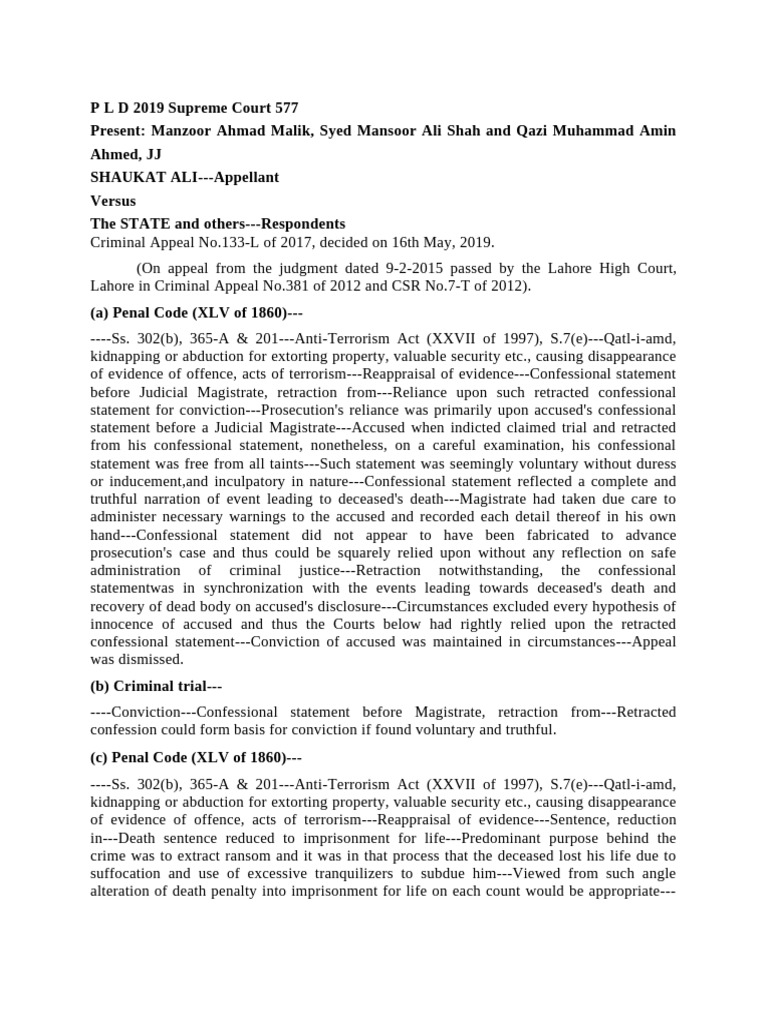 P L D 2019 Supreme Court 577 (Retracted Confession) | PDF | Prosecutor ...