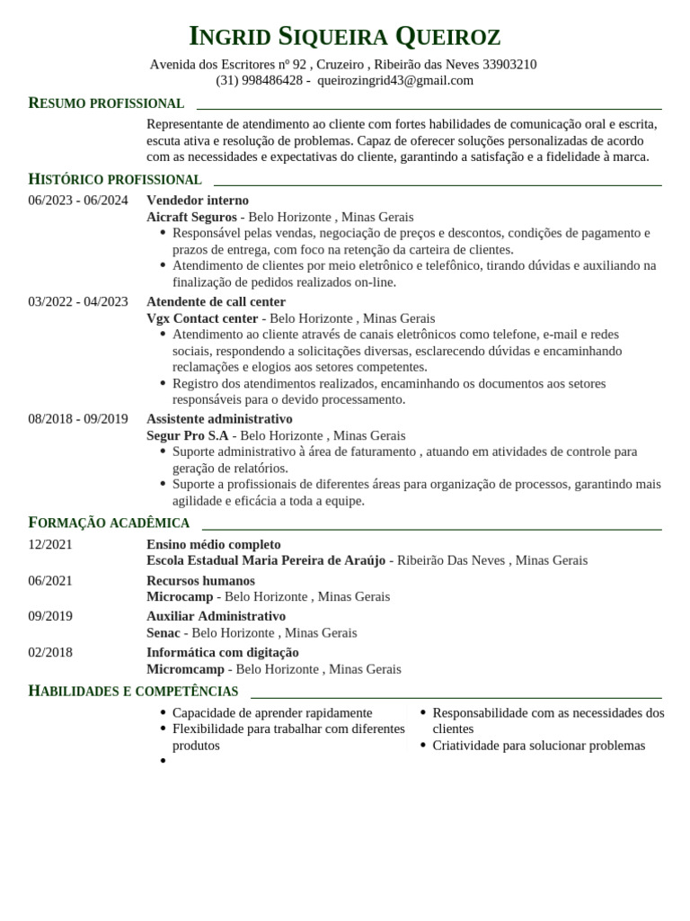 Ingrid SiqueiraQueiroz Curr%C3%ADculo | PDF | Centro de atendimento ...