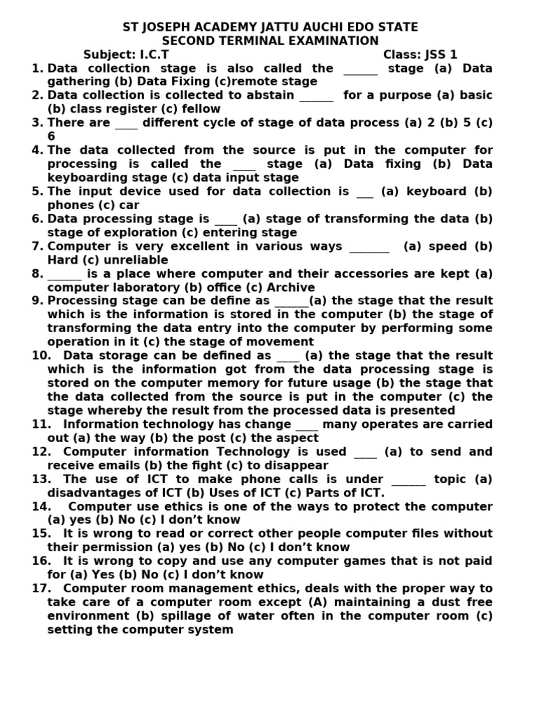JSS 1 ICT Exam Questions and Answers | PDF | Computer Data Storage | Data