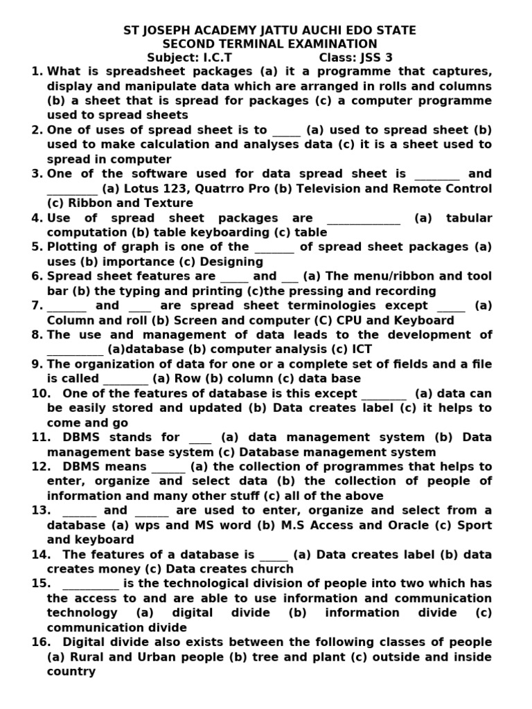 St Joseph Academy Jss 3 Ict | PDF | Spreadsheet | Databases