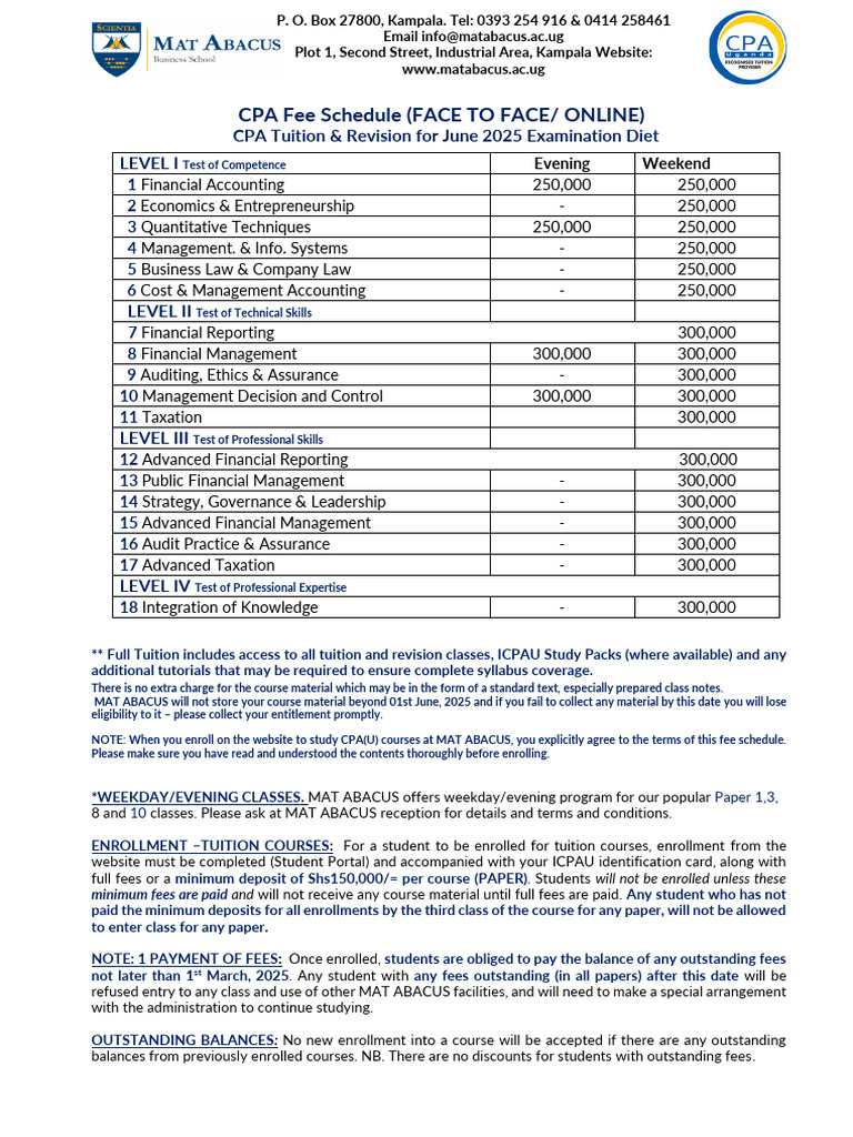 J25 CPA MAT ABACUS Courses Fee Schedule V1 | PDF | Tuition Payments | Fee