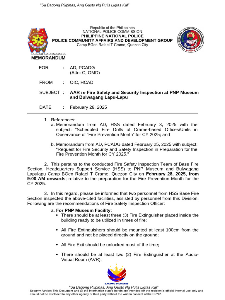 AAR Re Fire Safety and Security Inspection at PNP Museum and Bulwagang ...