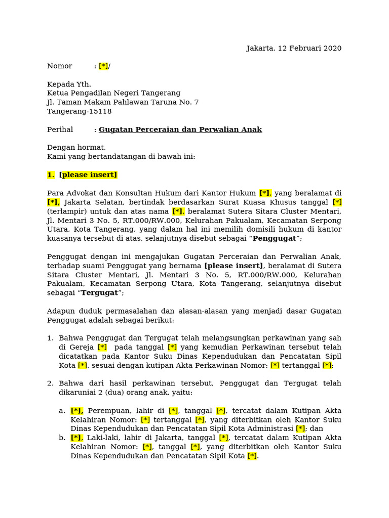 Draft Gugatan Perceraian Dan Perwalian Anak IDA AYU - AP LS 240220 | PDF