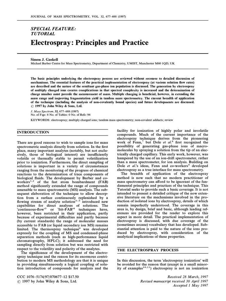 Electrospray Principles and Practice | PDF | Electrospray Ionization ...